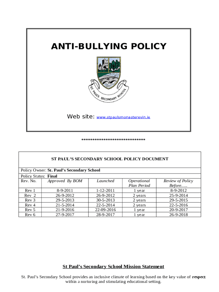 anti-bullying policy - St Pauls Secondary School Doc Template | pdfFiller