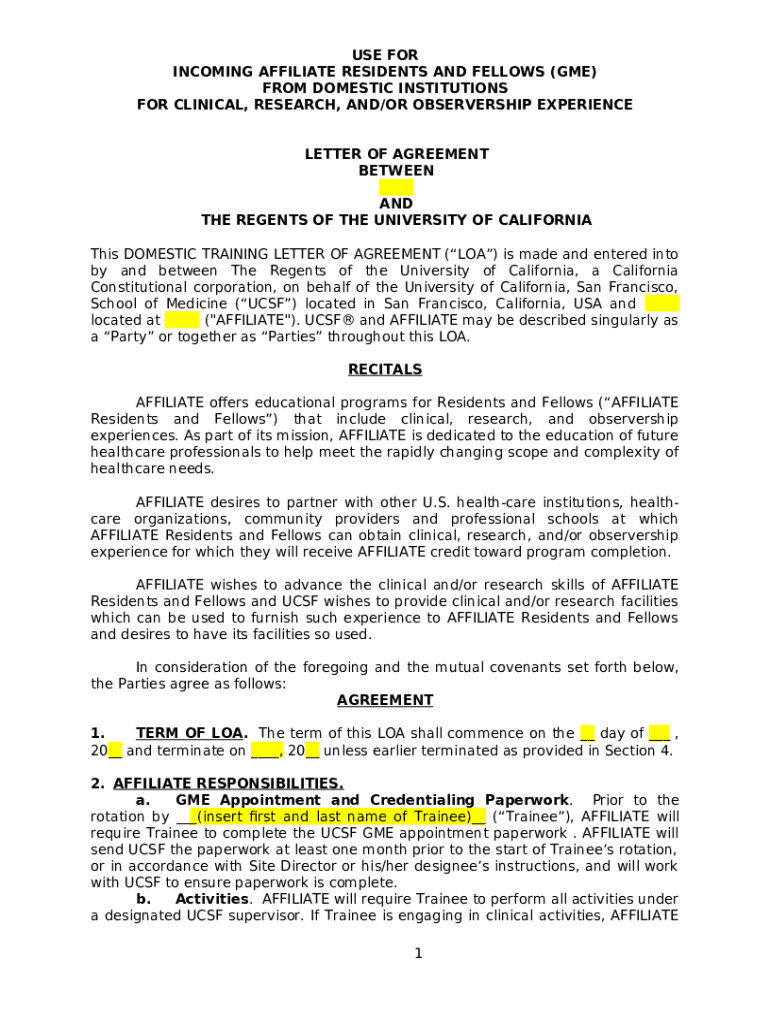 Incoming Domestic Letter of Agreement (LOA) Template - meded ucsf Doc ...