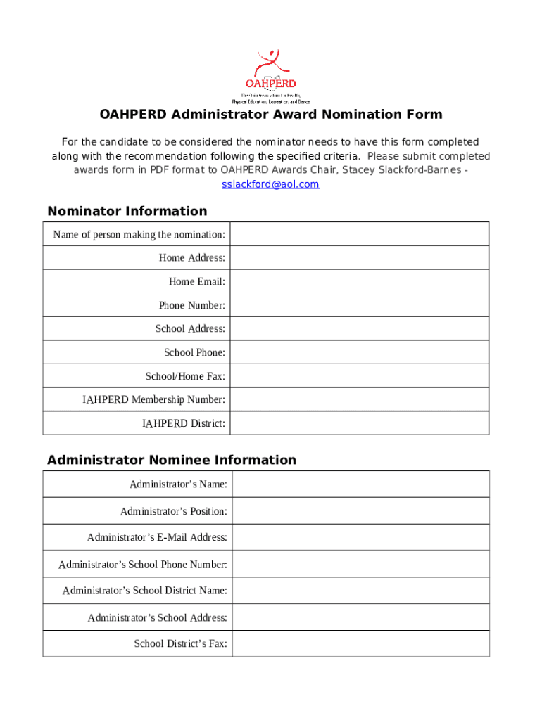 OAHPERD Administrator Award Nomination Doc Template | pdfFiller