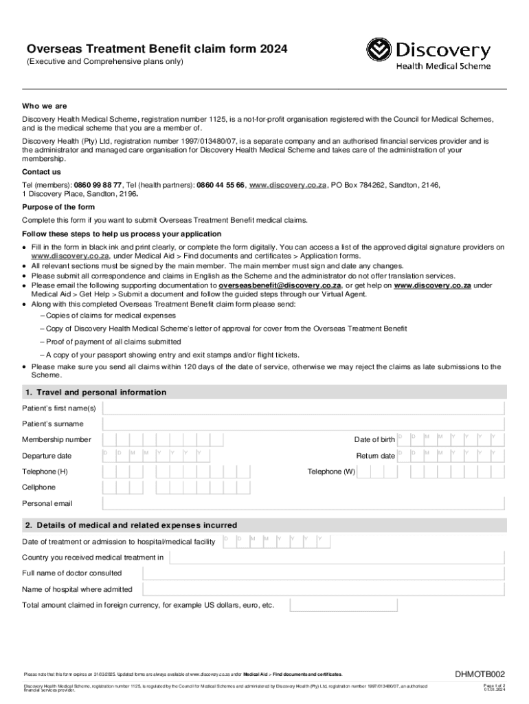 Fillable Online Overseas Treatment Benefit claim form 2024 - Discovery Fax Email Print - pdfFiller