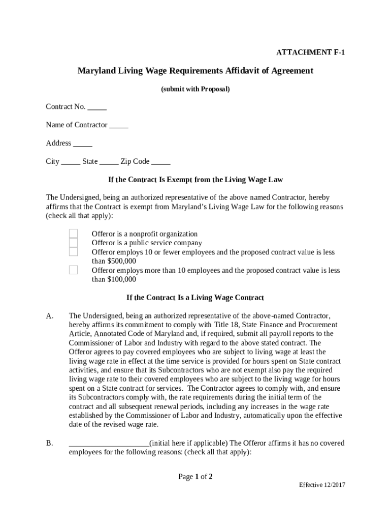 Maryland Living Wage Requirements Affidavit of Agreement Doc Template | pdfFiller