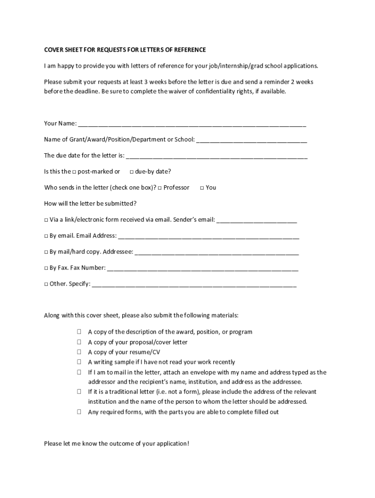 Fillable Online Cover Sheet for Requests for Letters of Reference Fax ...