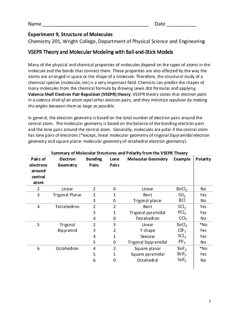Fillable Online Introduction to VSEPR Theory and Molecular Geometry Fax ...