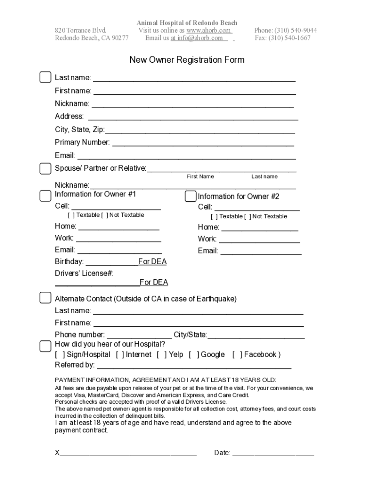 Fillable Online animal-hospital-redondo-beach-new-owner-registration ...