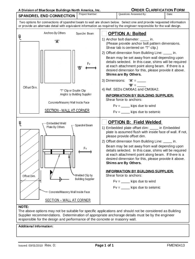 Spandrel End Connection. BBNA Order Clarification Doc Template | pdfFiller