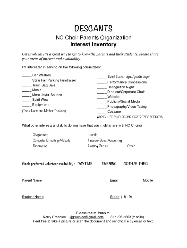 Fillable Online Parent Interest Inventory Printable For Any Grade Fax ...