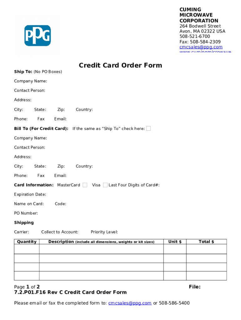Credit Card Order - Cuming Microwave Corporation Doc Template | pdfFiller