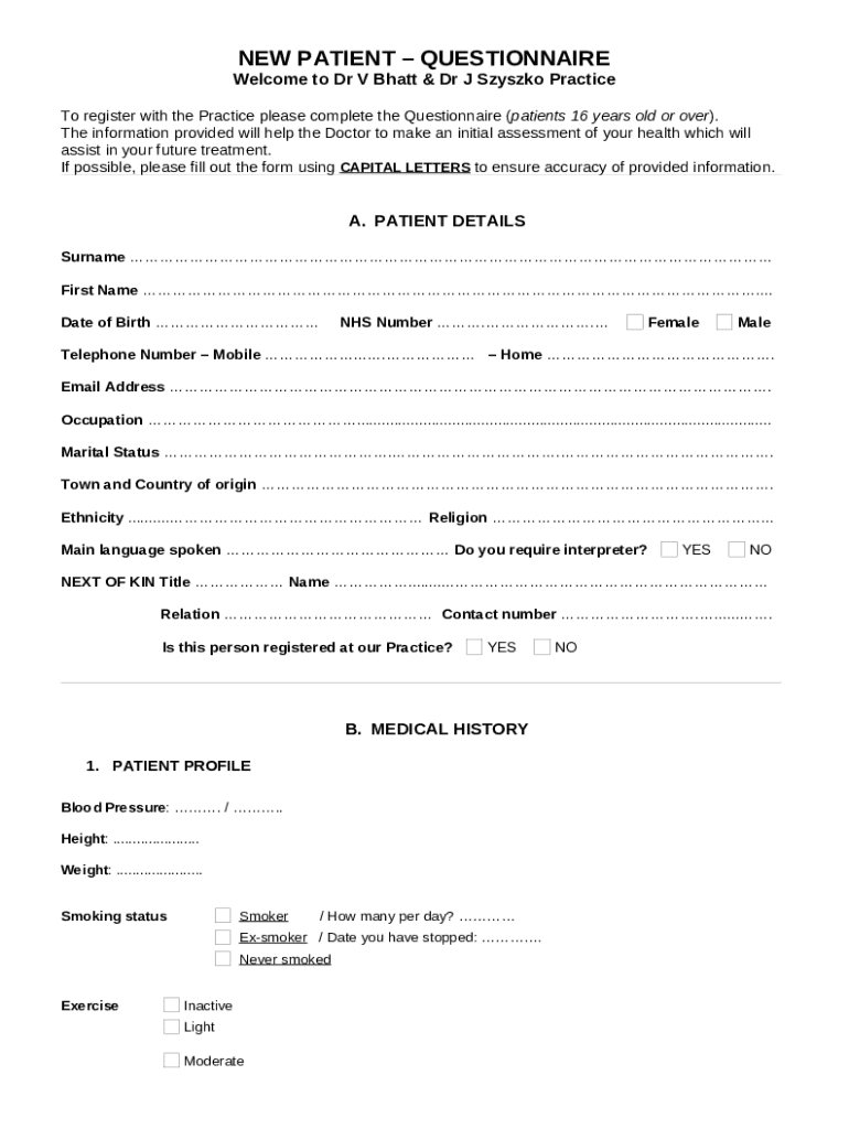 New patient Questionnaire - Welcome to The Gadhvi Practice Doc Template | pdfFiller