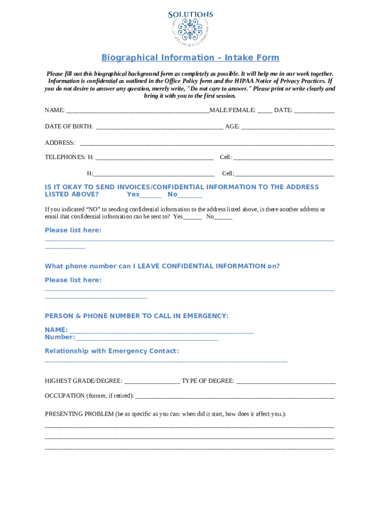 Biographical Patient Ination Intake Doc Template | pdfFiller