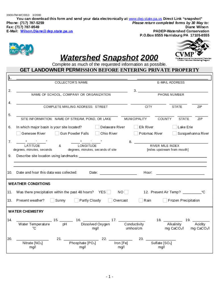 Watershed Snapshot 2000 - Data Entry Sheet Doc Template | pdfFiller