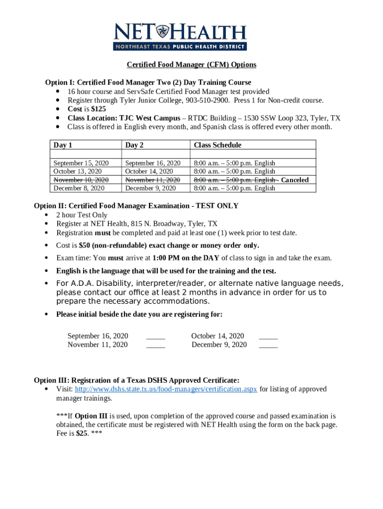 Certified Food Manager Two (2) Day Training Course Doc Template | pdfFiller