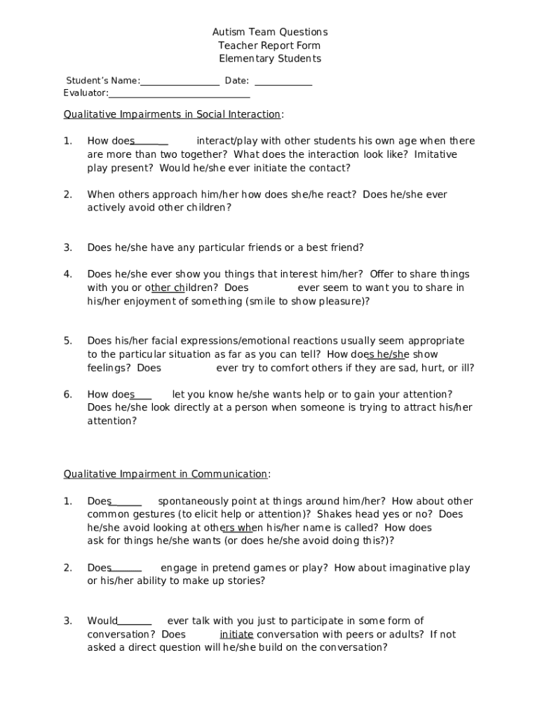 Autism Team Questions: Teacher Report Doc Template | pdfFiller