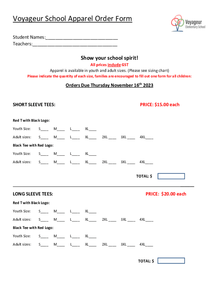 Fillable Online Voyageur School Apparel Order Form Fax Email Print ...