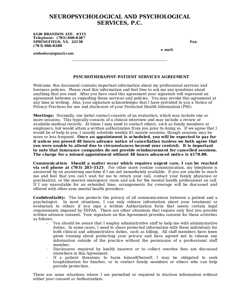 Psychotherapy Patient Agreement - Behavioral ... Doc Template | pdfFiller