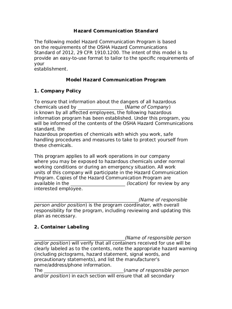 The following model Hazard Communication Program is based Doc Template ...