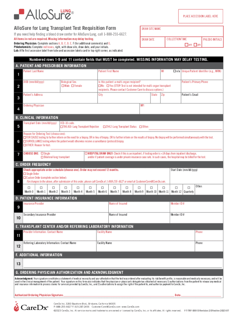 Fillable Online AlloSure for Lung Transplant Test Requisition Form Fax ...