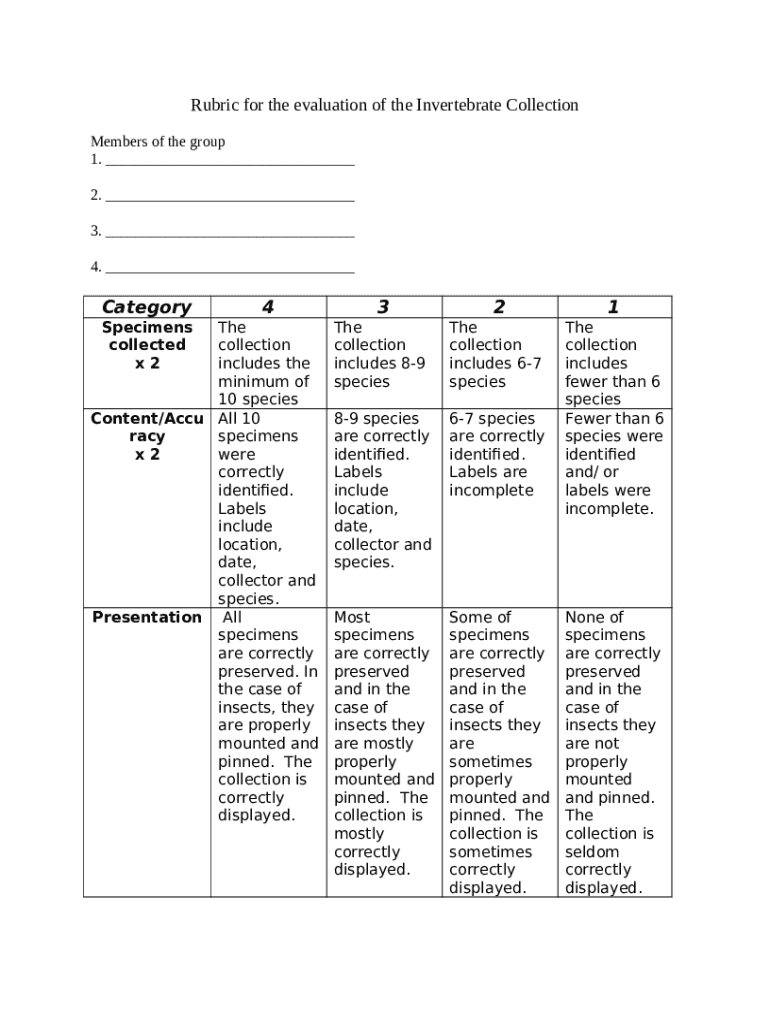Rubric for the evaluation of the Invertebrate Collection1.docx Doc ...