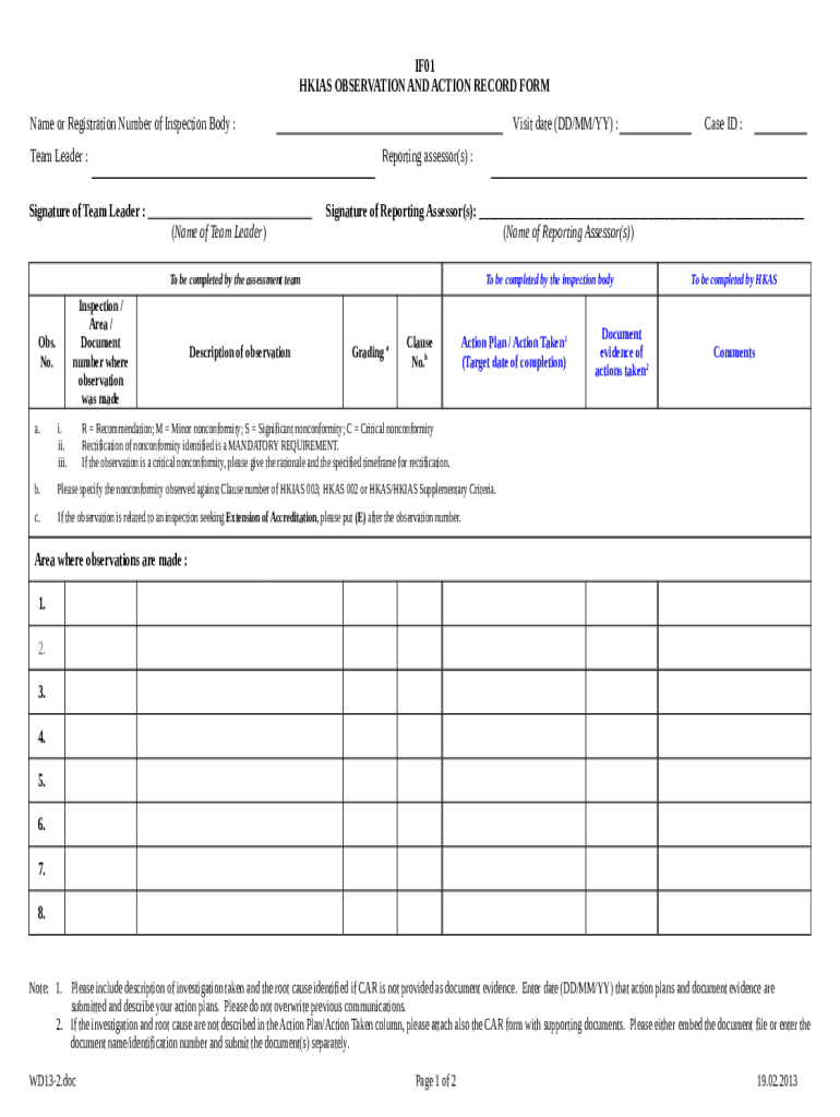 IF01. IF01 HKIAS Observation and Action Record Doc Template | pdfFiller