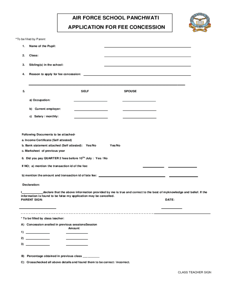 Fillable Online Air Force School Panchwati Application for Fee Concession Fax Email Print ...