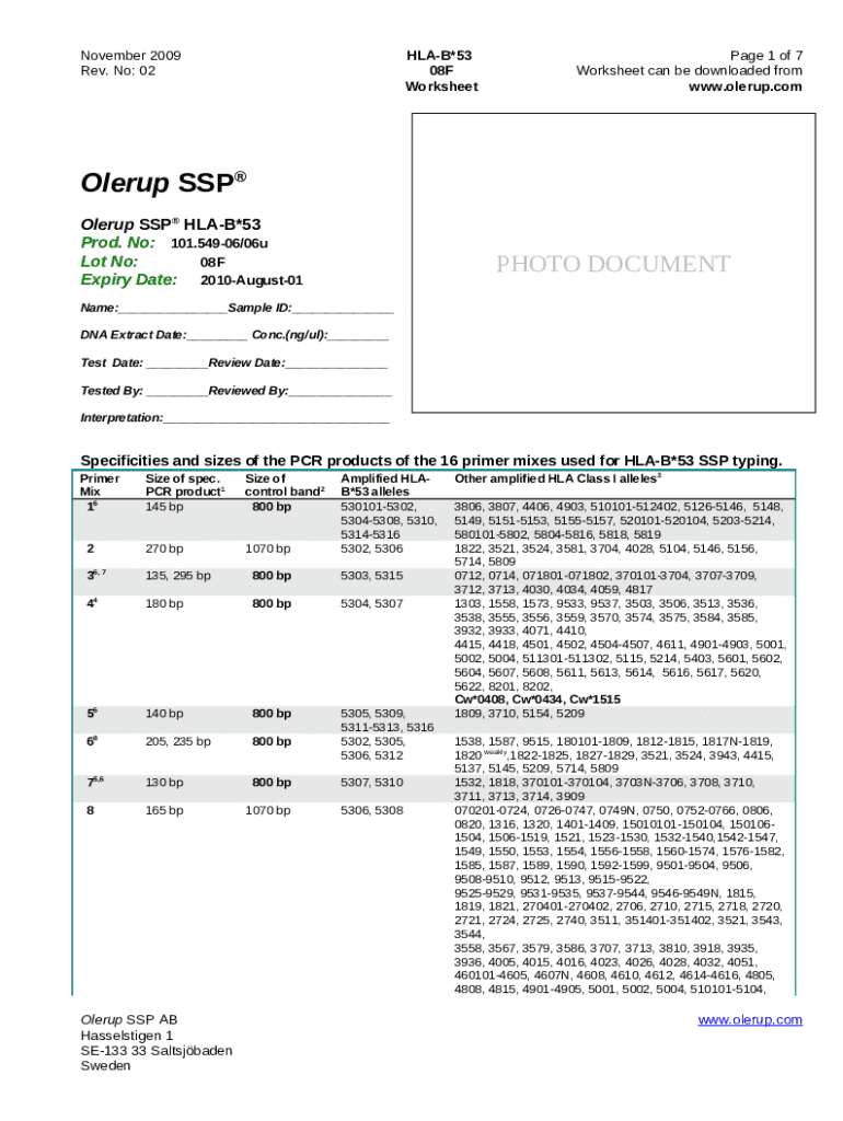 Olerup SSP HLA-B*07 Doc Template Doc Template | pdfFiller