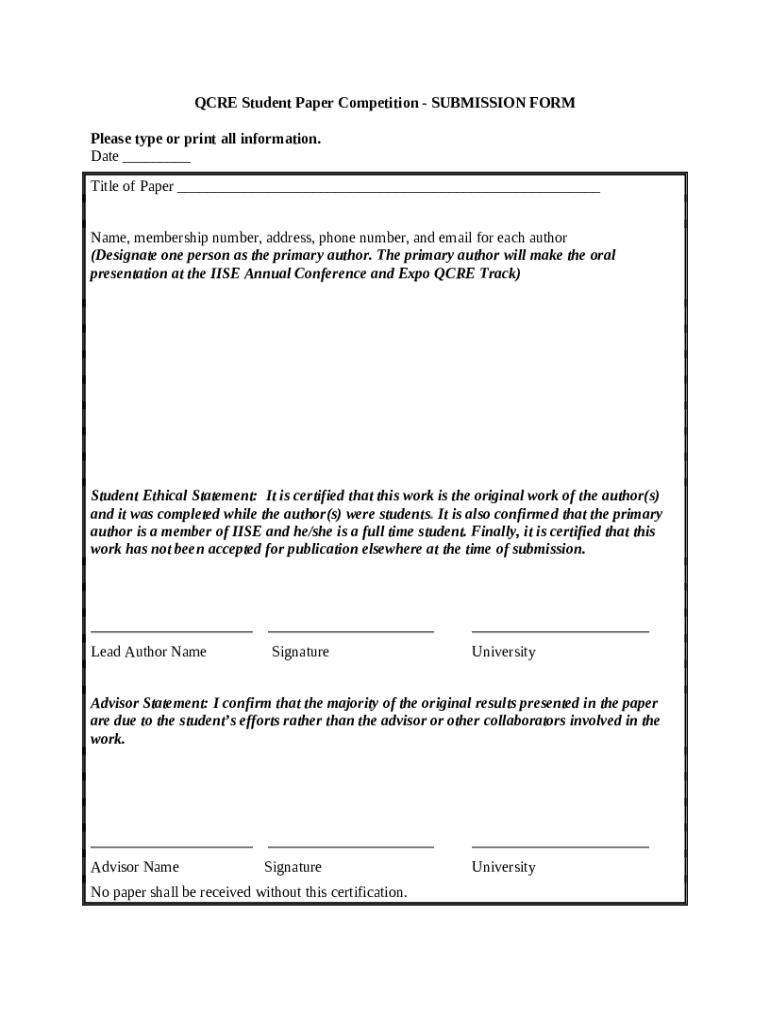 IISE QCRE Student Paper Competition (See Attached for ... Doc Template ...