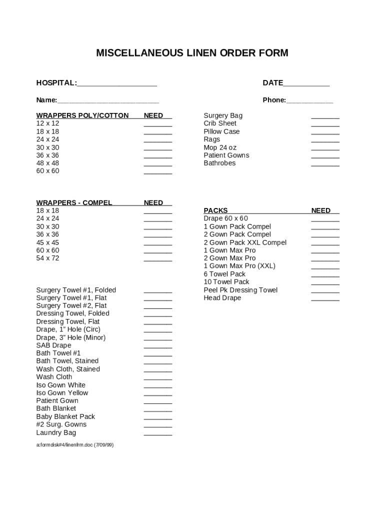 MISCELLANEOUS LINEN ORDER - depts washington Doc Template | pdfFiller