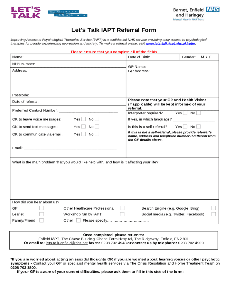 Enfield IAPT referral Doc Template | pdfFiller