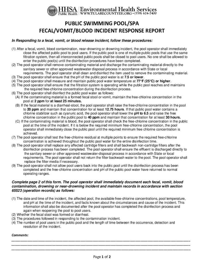 Fillable Online PUBLIC SWIMMING POOL/SPA FECAL/VOMIT/BLOOD INCIDENT ...