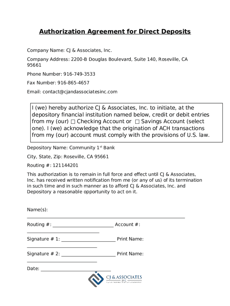 Direct Deposit Authorization Template Doc Template | pdfFiller