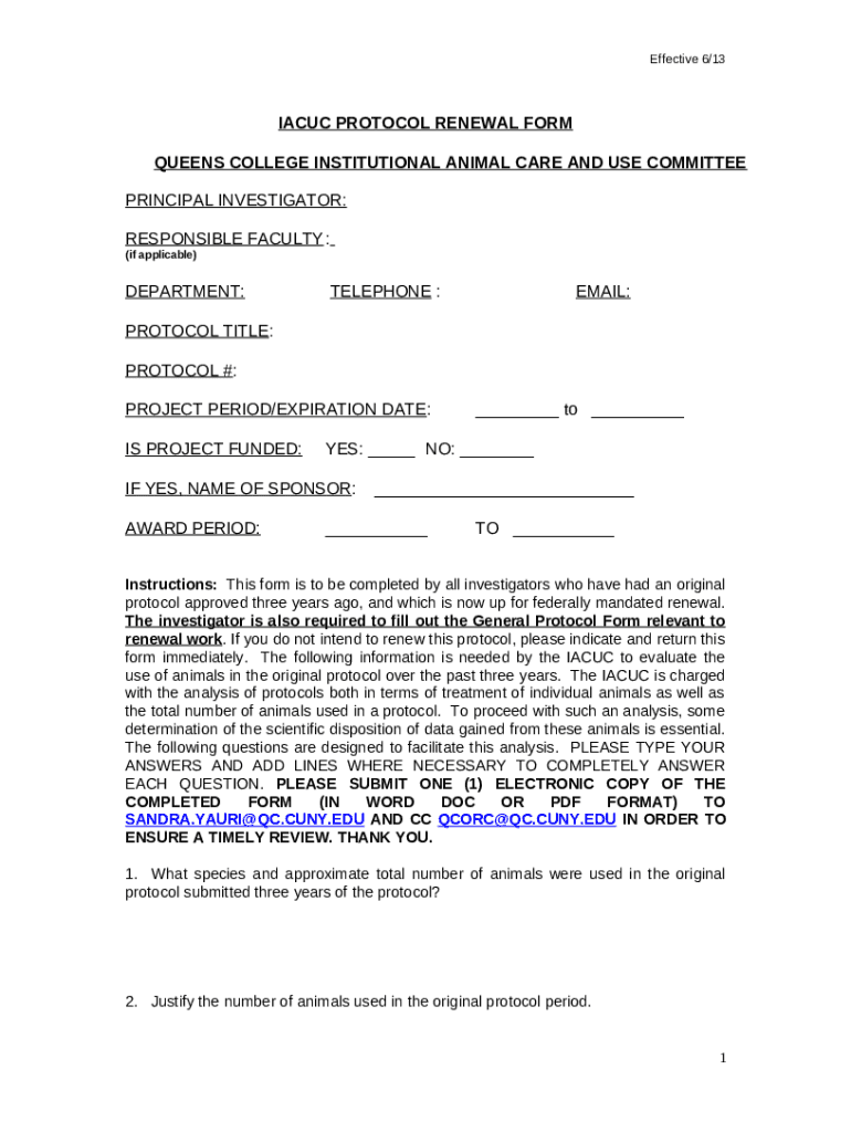 IACUC PROTOCOL RENEWAL - Queens College Doc Template | pdfFiller