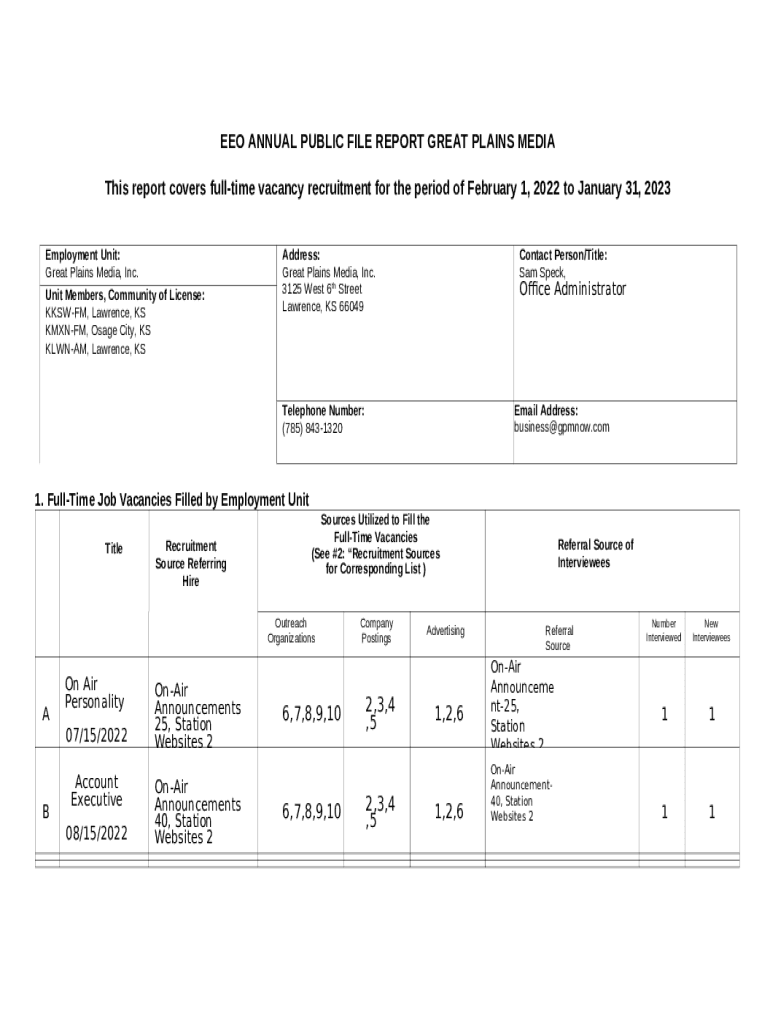 EEO ANNUAL PUBLIC FILE REPORT GREAT PLAINS ... Doc Template | pdfFiller