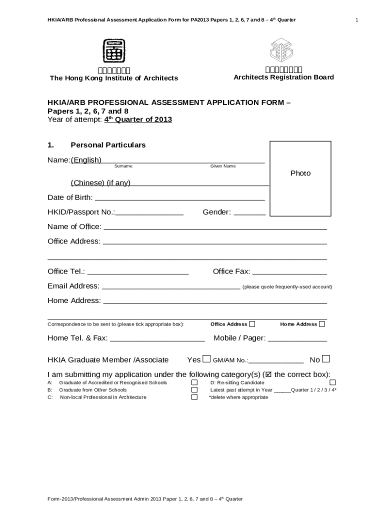 HKIA/ARB Professional Assessment Application for ... Doc Template | pdfFiller