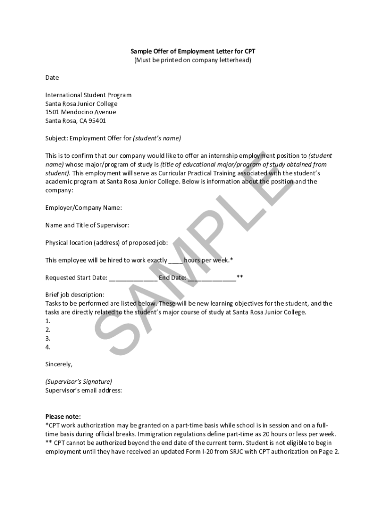 Fillable Online international santarosa Sample Offer of Employment ...
