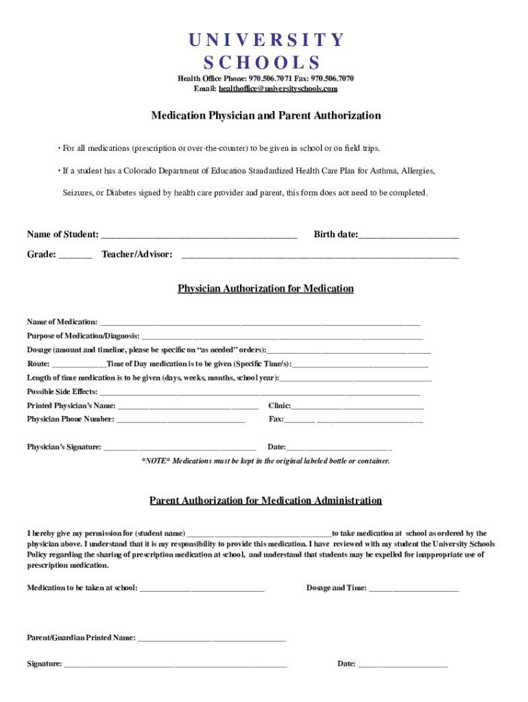 Fillable Online 23-24 University Schools Medication Authorization Form Fax Email Print - pdfFiller