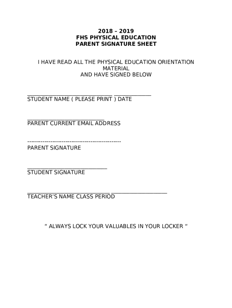 2019 fhs physical education parent signature sheet Doc Template | pdfFiller