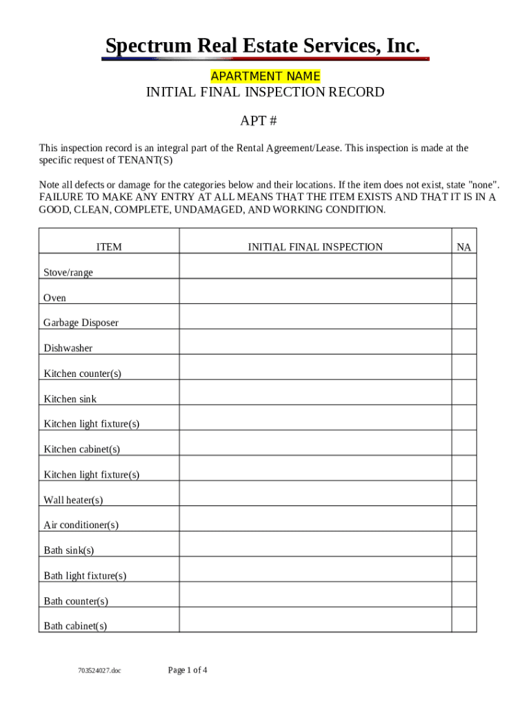 INITIAL FINAL INSPECTION RECORD Doc Template Doc Template | pdfFiller