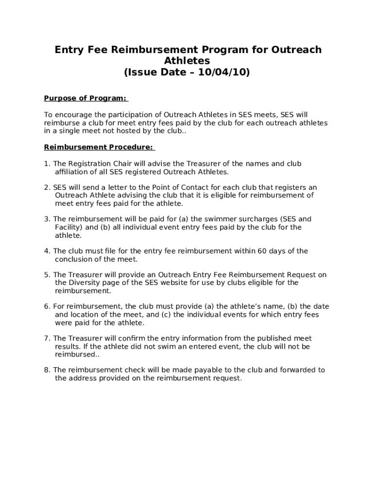 Entry Fee Reimbursement Program for Outreach Athletes Doc Template ...