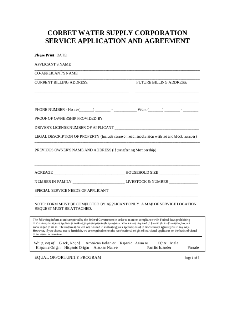 New Service RequestCorbet Water Supply Corporation Doc Template | pdfFiller