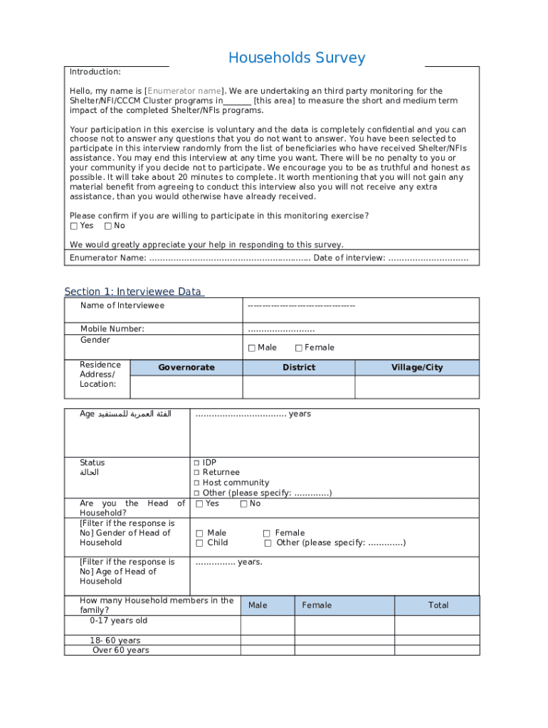 Shelter & NFI Cluster NeedsAssessment Tool Doc Template | pdfFiller