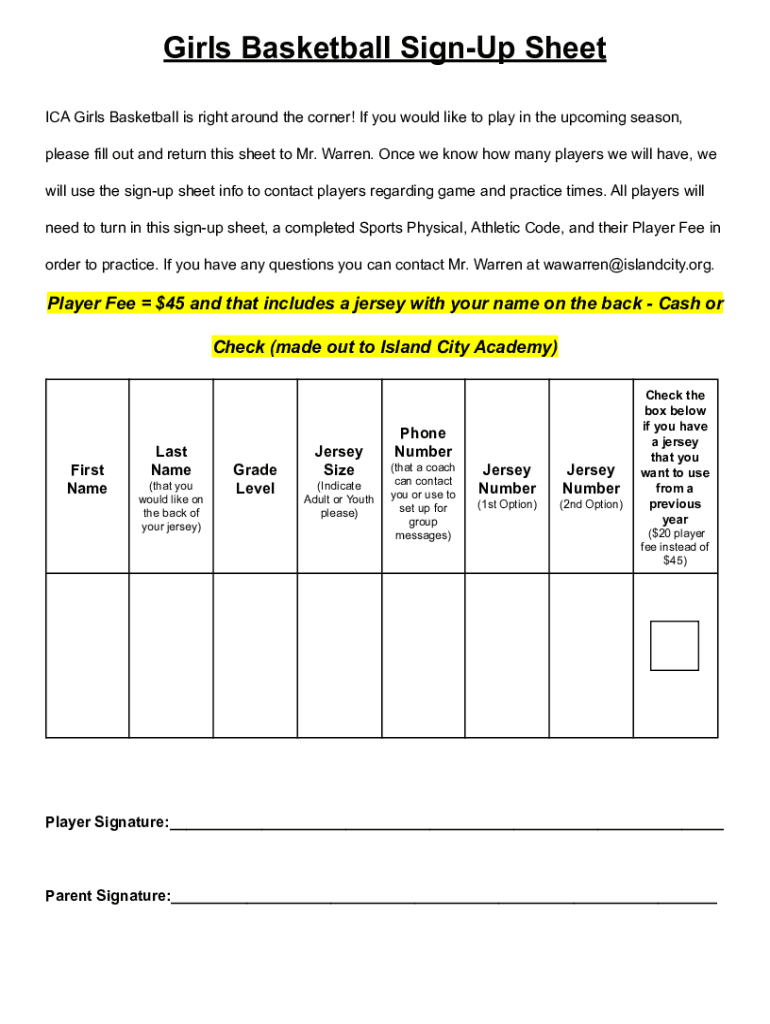 Fillable Online Girls Basketball Sign-Up Sheet Fax Email Print - pdfFiller