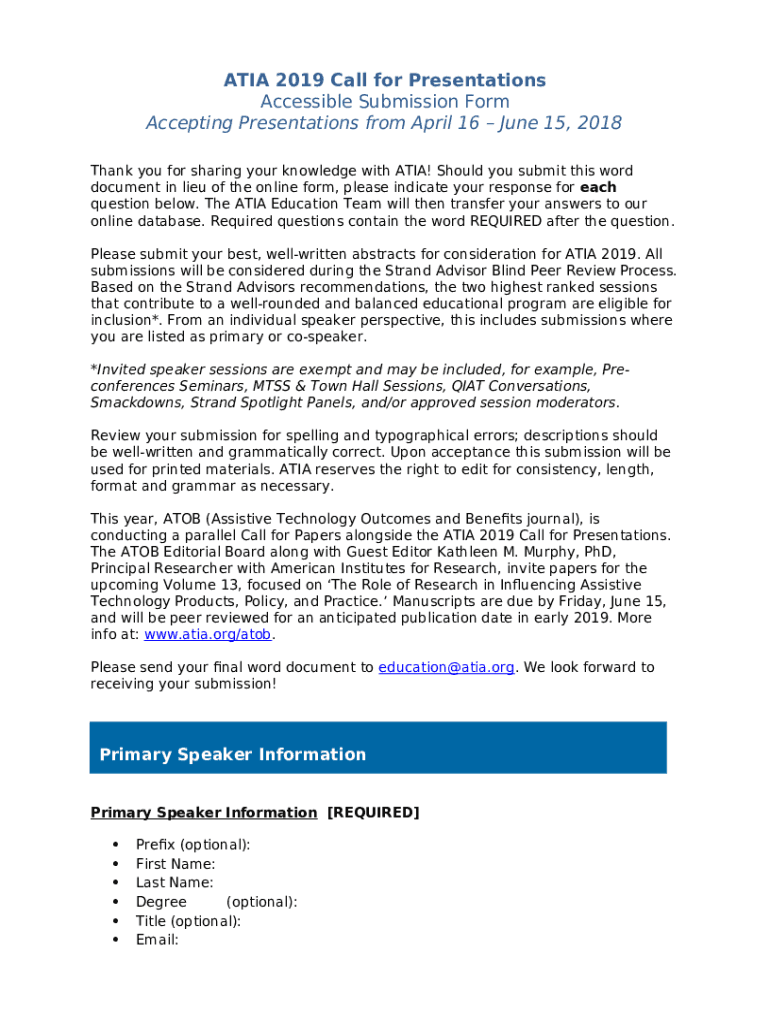 ATIA 2019 Call for Presentations Doc Template | pdfFiller