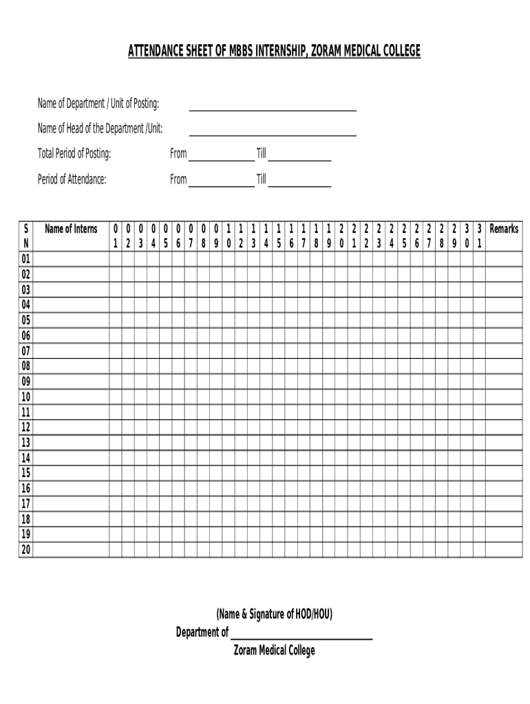 Attendance Sheet at of MBBS Internship. Doc Template | pdfFiller