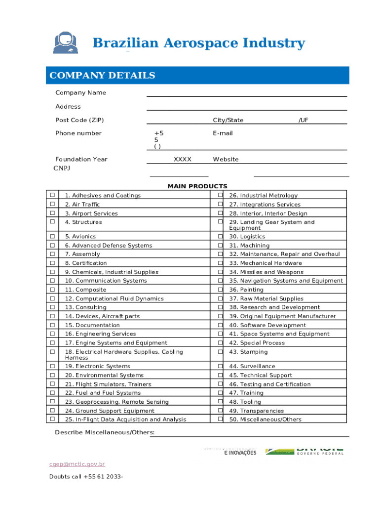 Brazilian Aerospace Industry Catalogue COMPANY ... - MCTI Doc Template | pdfFiller