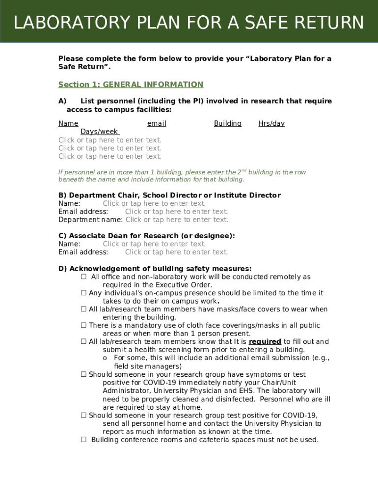 Laboratory Plan for a Safe Return (Lab ... Doc Template | pdfFiller