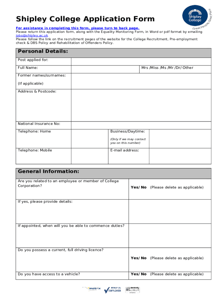 Online shipley ac Shipley College Application for ... Doc Template | pdfFiller