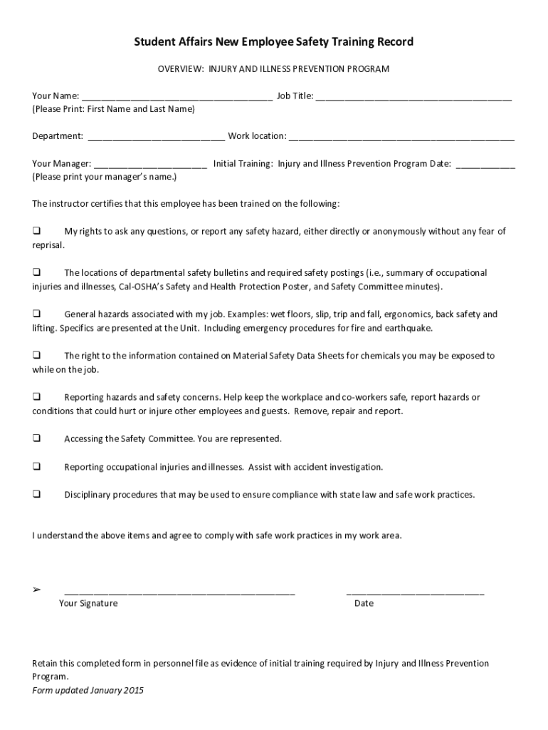 Fillable Online SA NEO IIPP Training Record updated January 2015 Fax ...