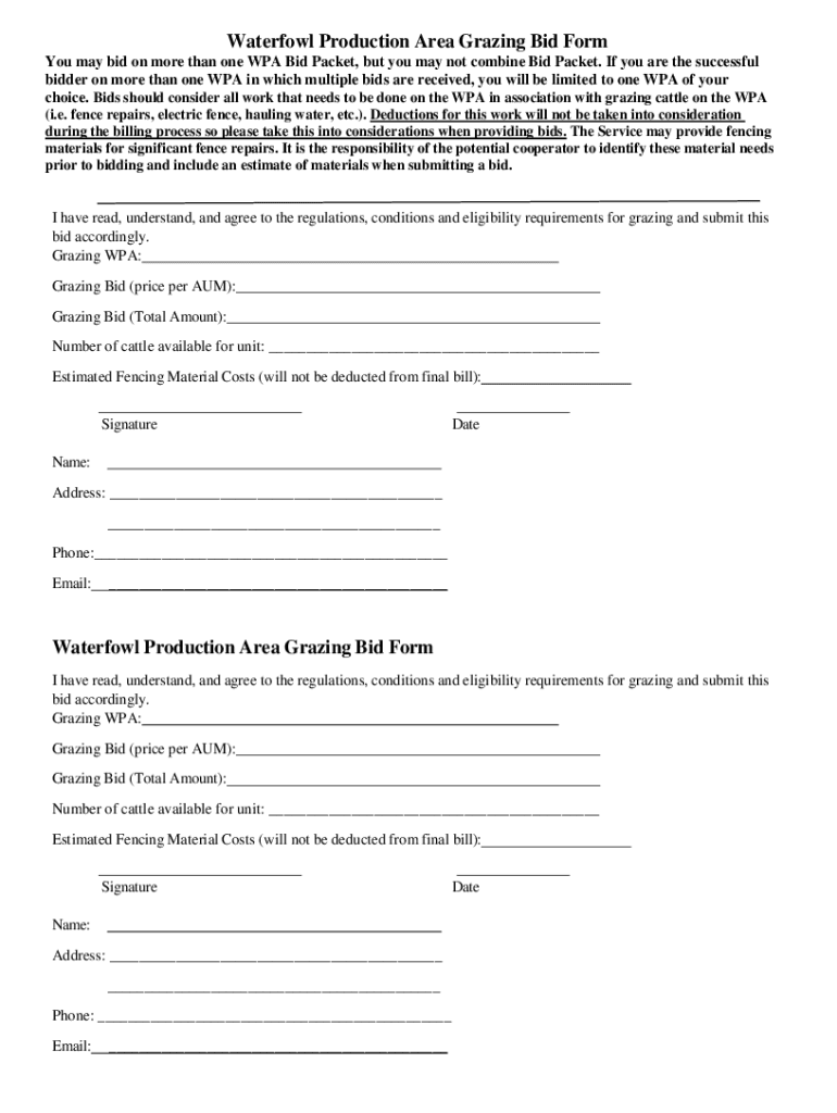 Fillable Online Waterfowl Production Area Grazing Bid Form Fax Email ...