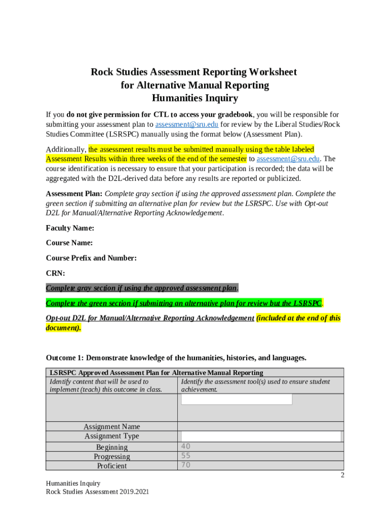 Rock Studies Assessment Reporting Worksheet for D2L ROCK Doc Template ...