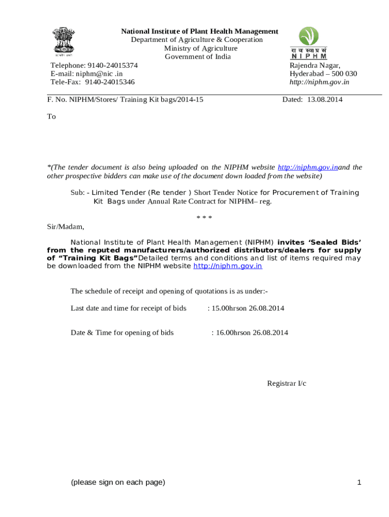 Sub: - Limited Tender (Re tender ) Short Tender Notice for Procurement ...