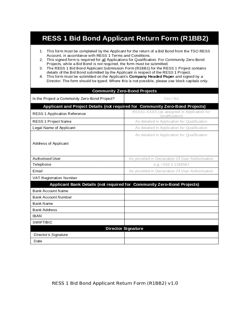 RESS 1 Bid Bond Applicant Return (R1BB2) Doc Template | pdfFiller